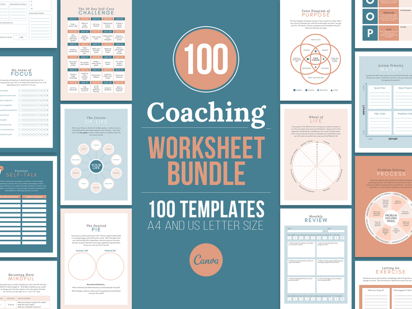 100 Life Coaching Worksheet Templates (teal) – simplifymysocials